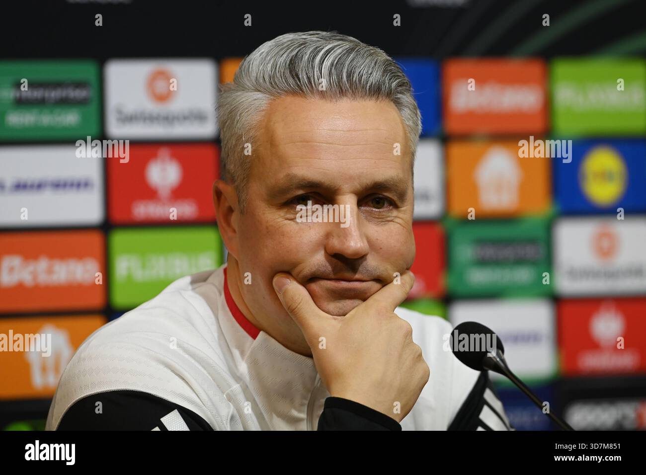 Coach of Sigma Olomouc Tomas Janotka speaks during the press conference prior to the Football ...