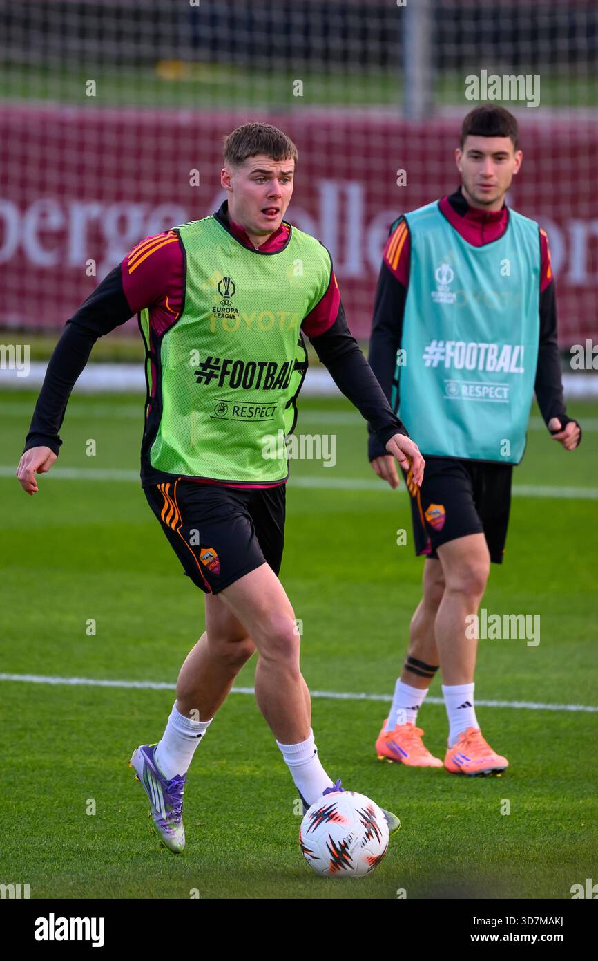 Evan Ferguson of AS Roma in action during a training session the day ...