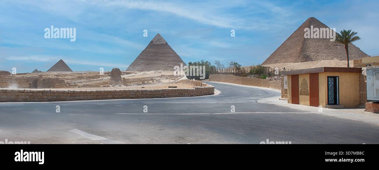Scenic view over the Great Sphynx and the three main Pyramids of the ...