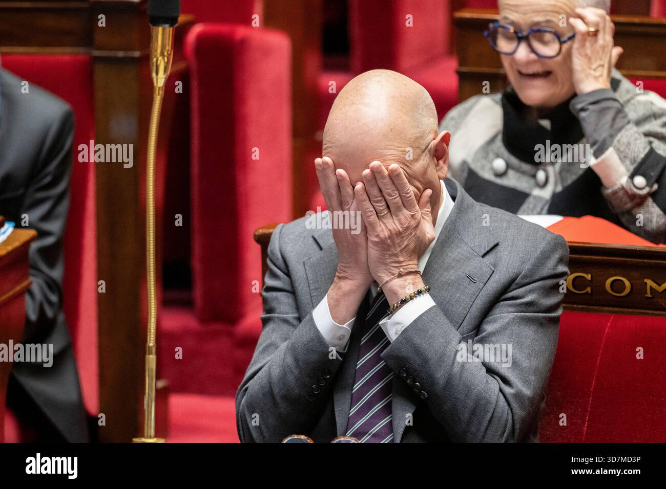 France's Economy and Finance Minister Roland Lescure gestures and looks ...