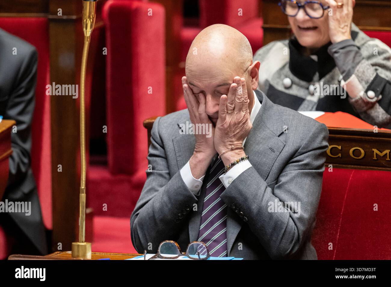 France's Economy and Finance Minister Roland Lescure gestures and looks ...