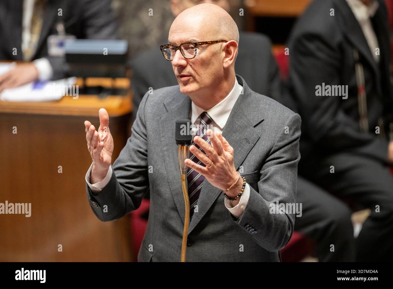 France's Economy and Finance Minister Roland Lescure gestures and looks ...