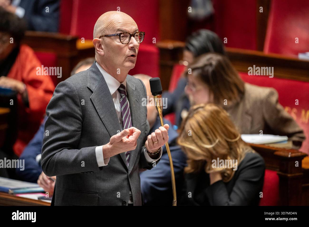 France's Economy and Finance Minister Roland Lescure gestures and looks ...