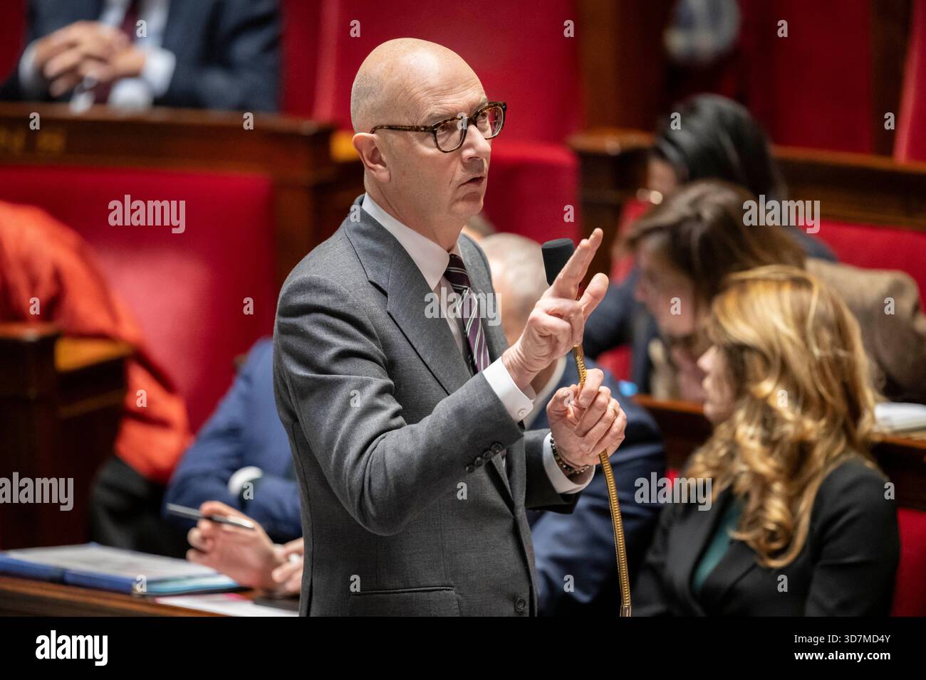 France's Economy and Finance Minister Roland Lescure gestures and looks ...