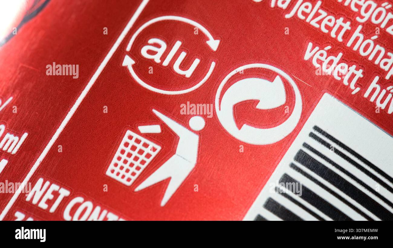 Recycling icons on a red aluminum can, alu logo with circular arrows ...