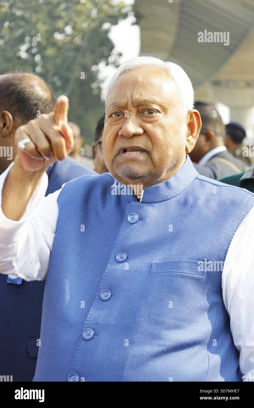 PATNA, INDIA - NOVEMBER 26: Bihar Chief Minister Nitish Kumar inspecting construction works of ...