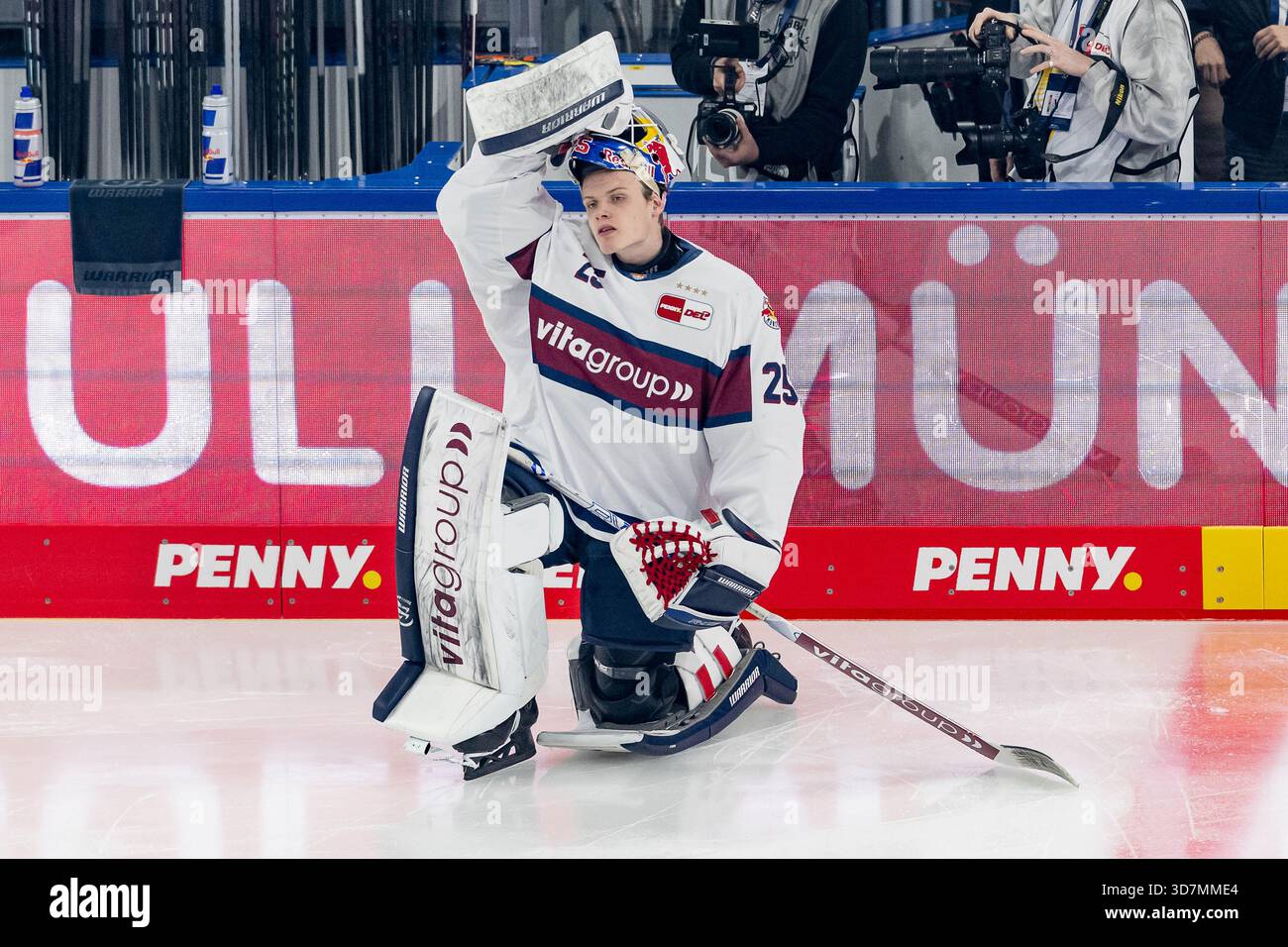 Simon Wolf (Goalkeeper, EHC Red Bull Munich, #25) during warmup GER ...