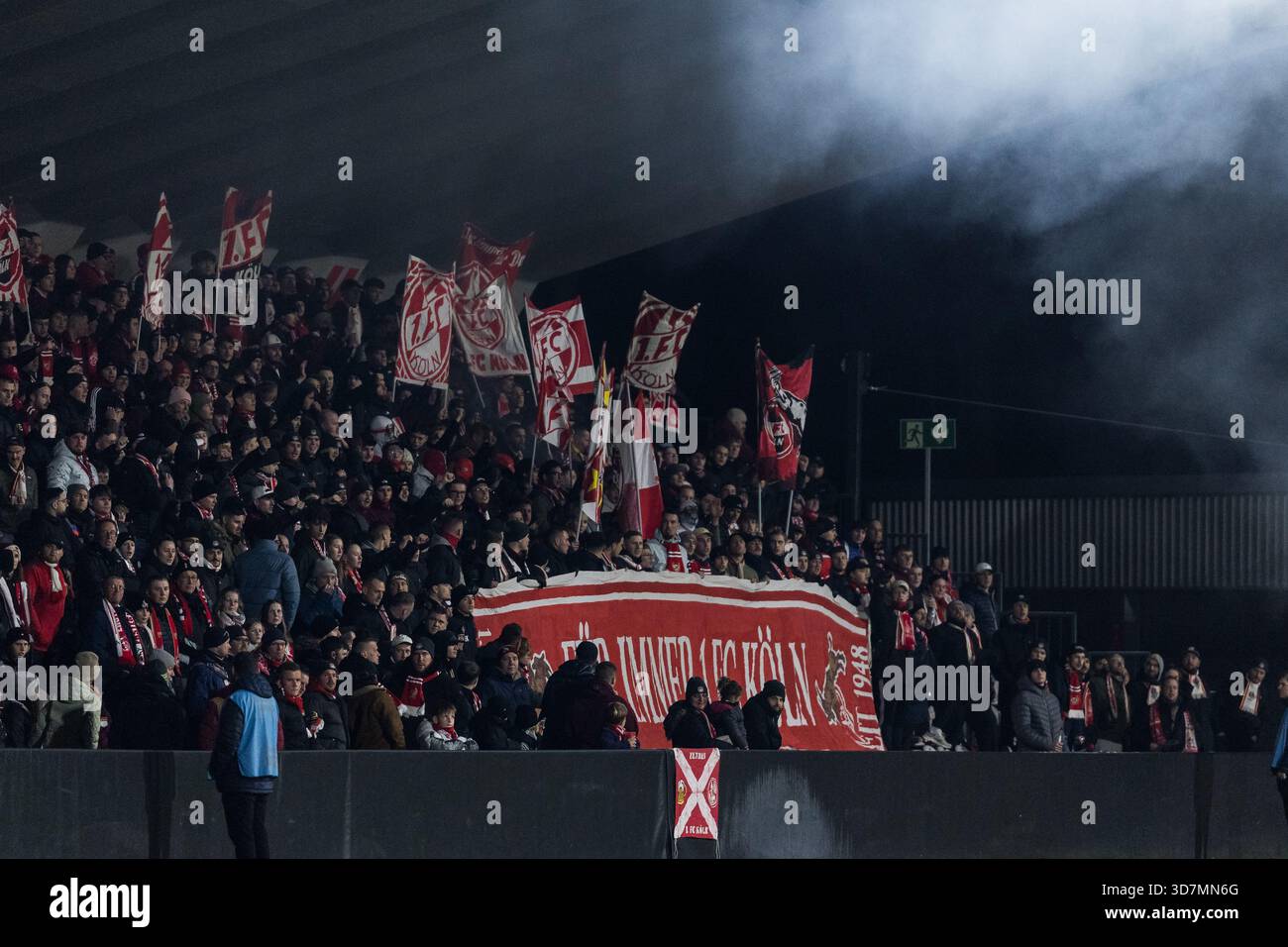KOELN, GERMANY - NOVEMBER 26: Fans of 1. FC Koeln showing support with ...