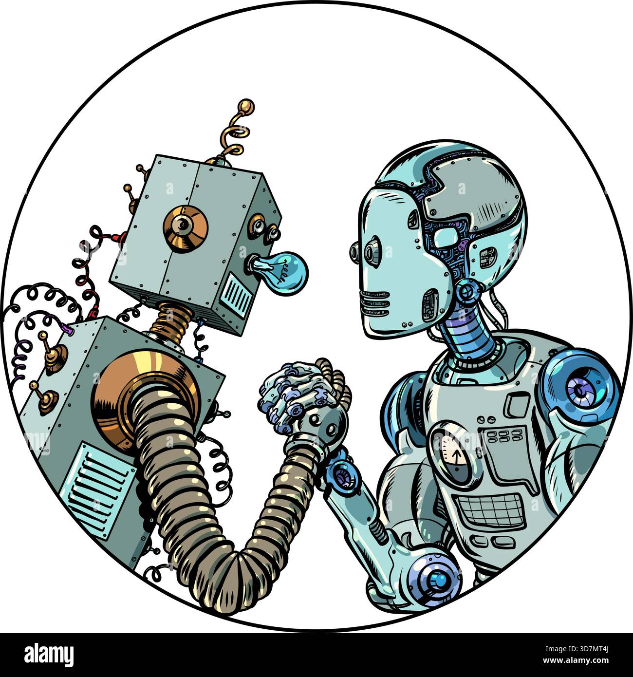Robots fighting each other. Arm wrestling between opposites. Old ...