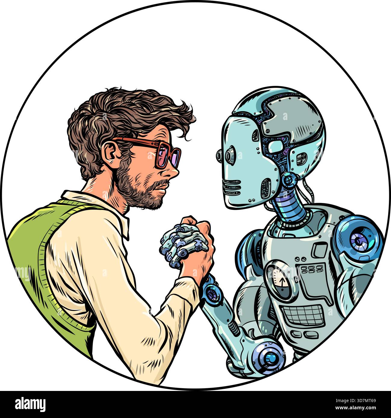 Robot and man fight each other. Arm wrestling between opposites. Human ...