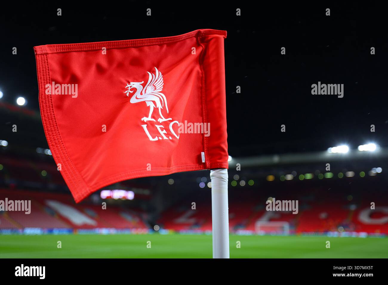 Liverpool, England, 26th November 2025. A Liverpool logo on a corner ...