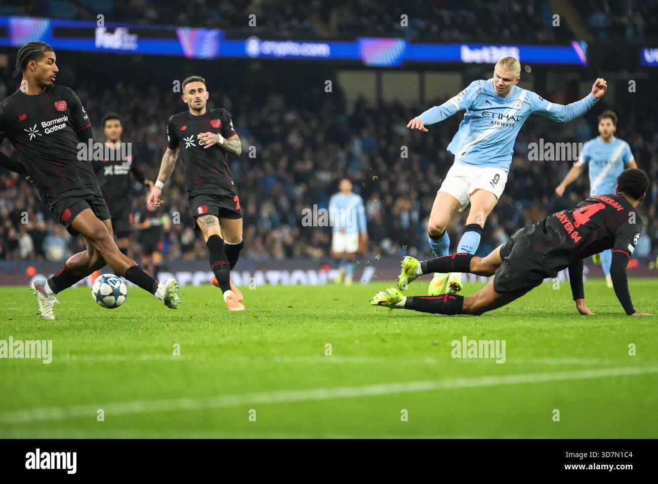 Manchester, UK, 25 November 2025 - Erling Haaland shot is blocked by ...