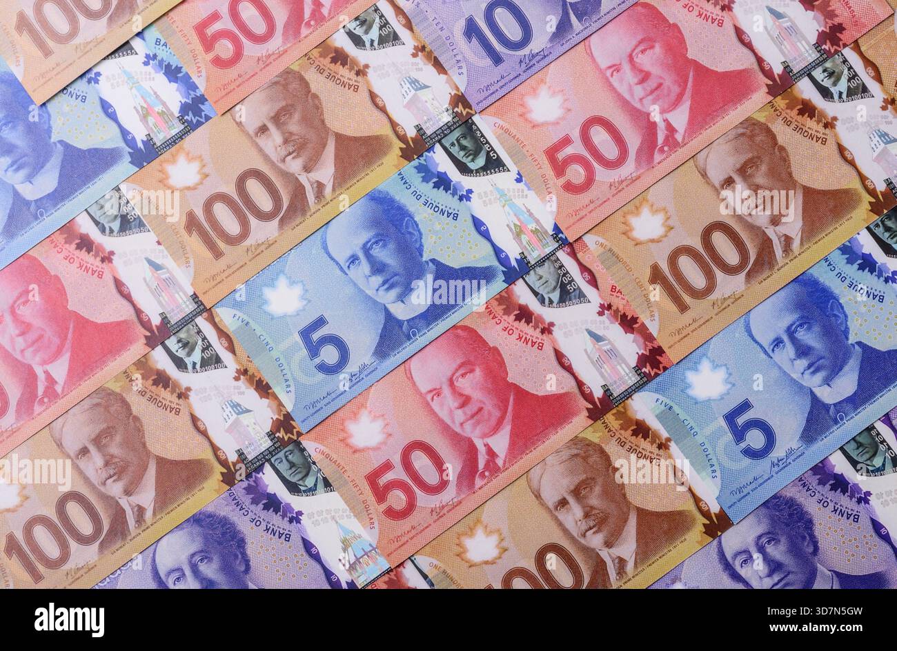 Money, currency of Canada, dollar banknotes of various denominations ...