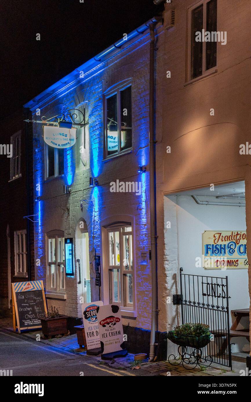 Traditional British Fish & Chips Shop at Night – Blue Lit Coastal ...