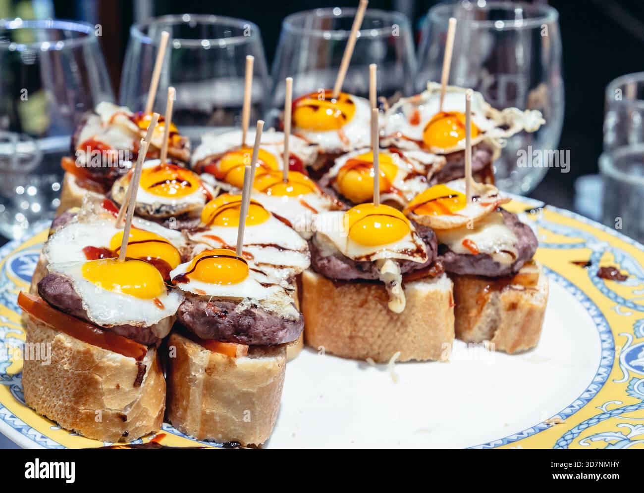 Traditional Spanish snacks called pinchos in San Sebastian city also ...