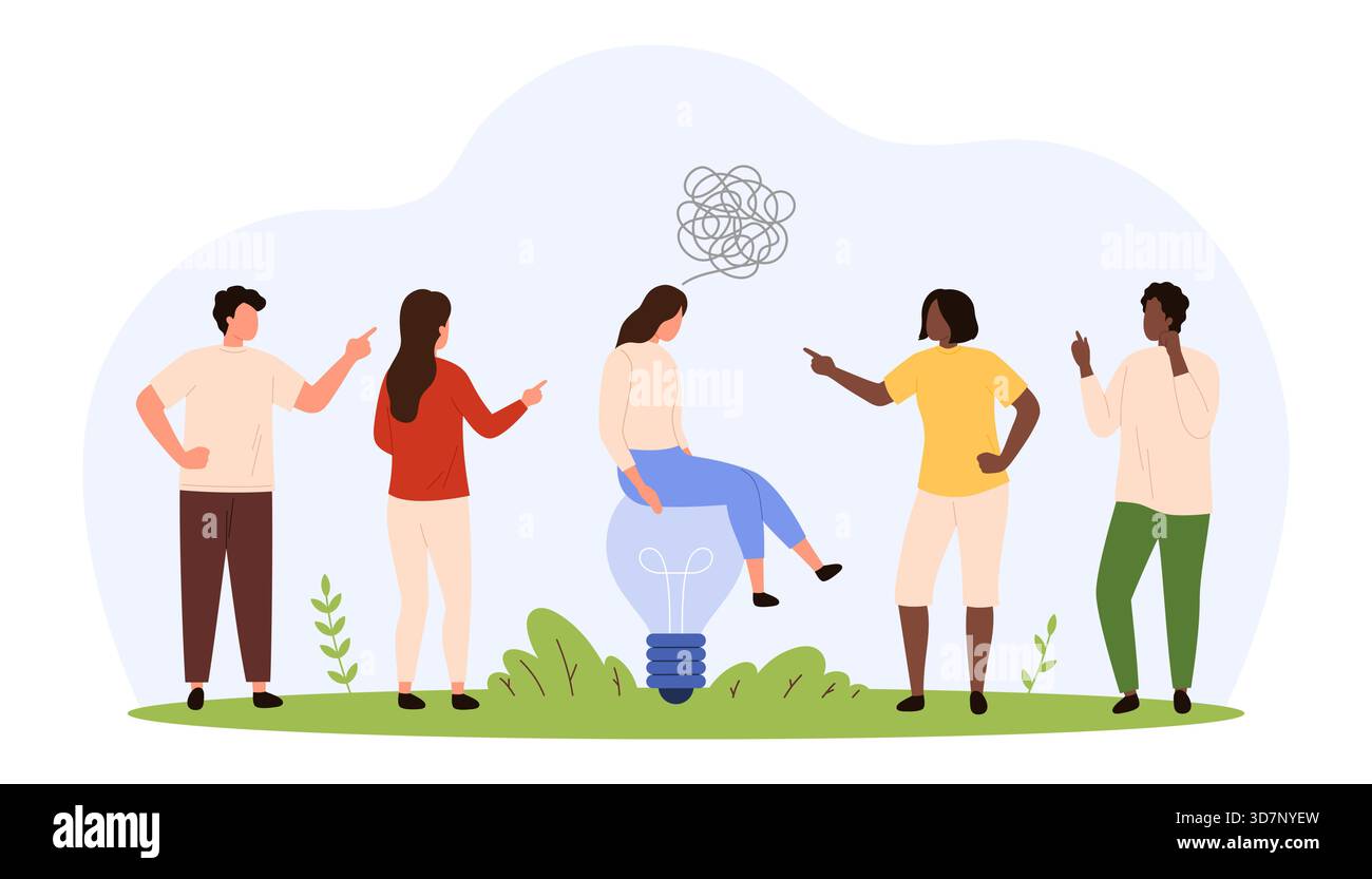 Group of diverse people pointing at a sad woman sitting on a lightbulb ...