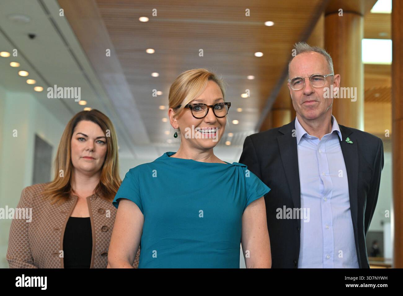 Greens Senators Sarah Hanson-Young, Larissa Waters and Nick McKim at a ...