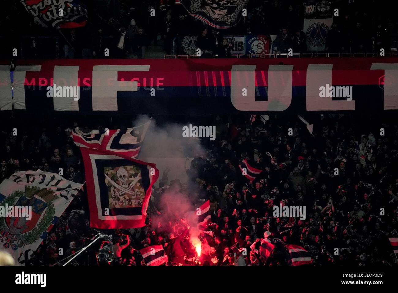Paris Saint-Germain fans in the stands during the UEFA Champions League ...