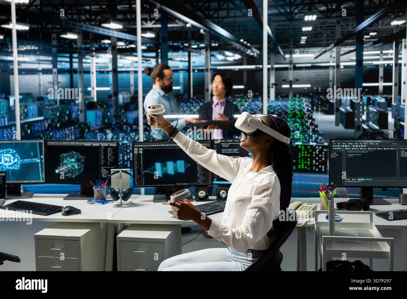 Admin in data center using AI virtual reality to troubleshoot rigs ...