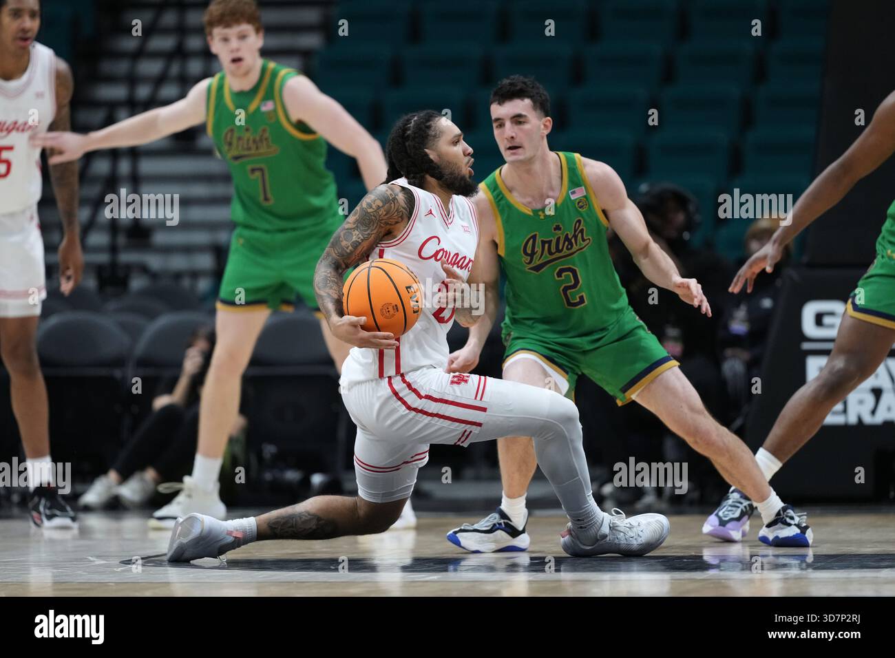 Houston guard Emanuel Sharp (21) works the ball past Notre Dame guard ...
