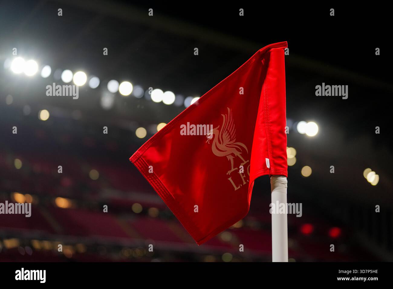 LIVERPOOL, ENGLAND - NOVEMBER 26: A corner flag with the Liverpool logo ...