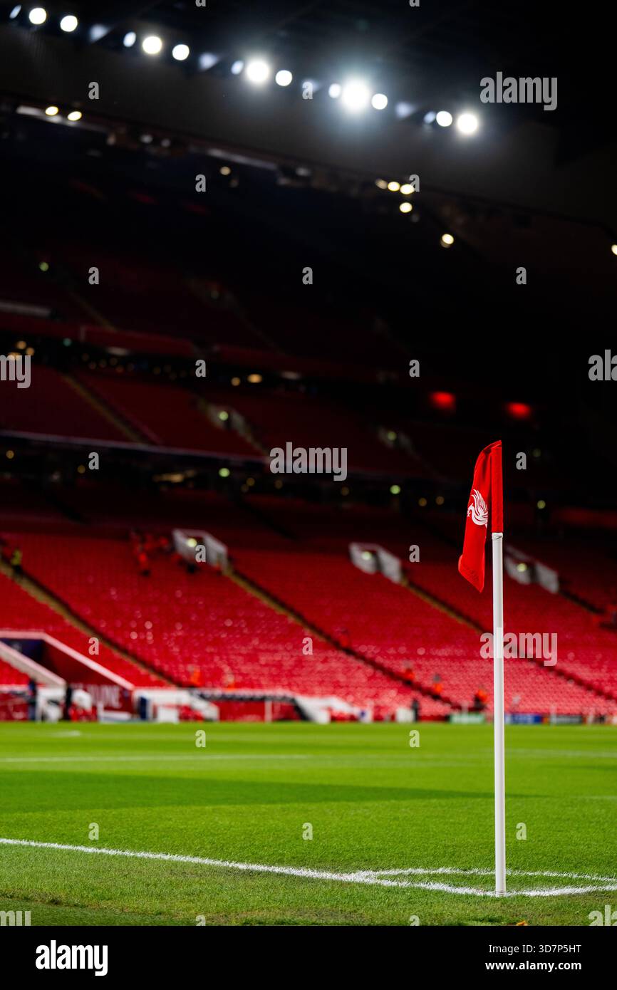 LIVERPOOL, ENGLAND - NOVEMBER 26: A corner flag with the Liverpool logo ...