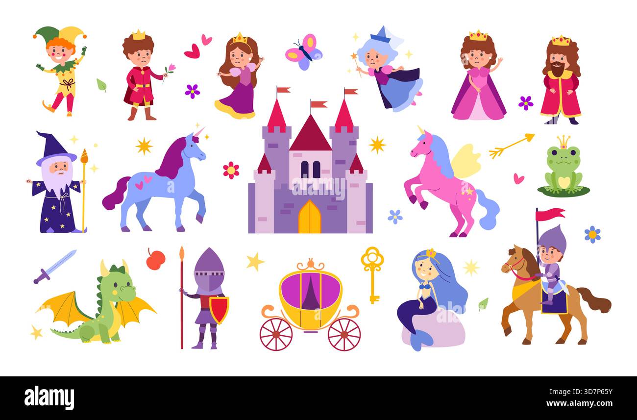 Fairy tale characters and objects set. Magical icons or stickers with ...