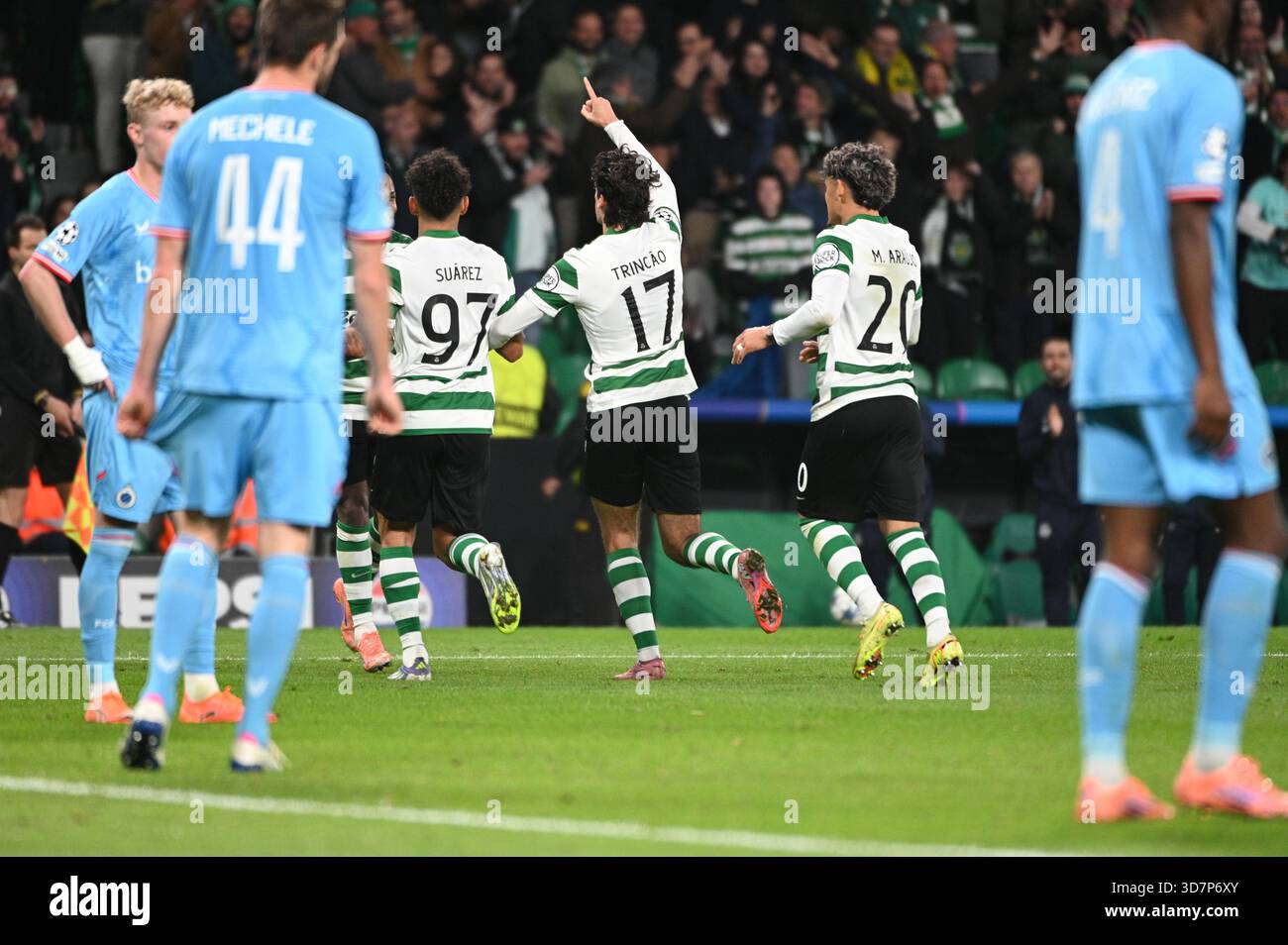 Lisbon, Portugal. 26 November 2025. Players of Sporting CP celebrate ...