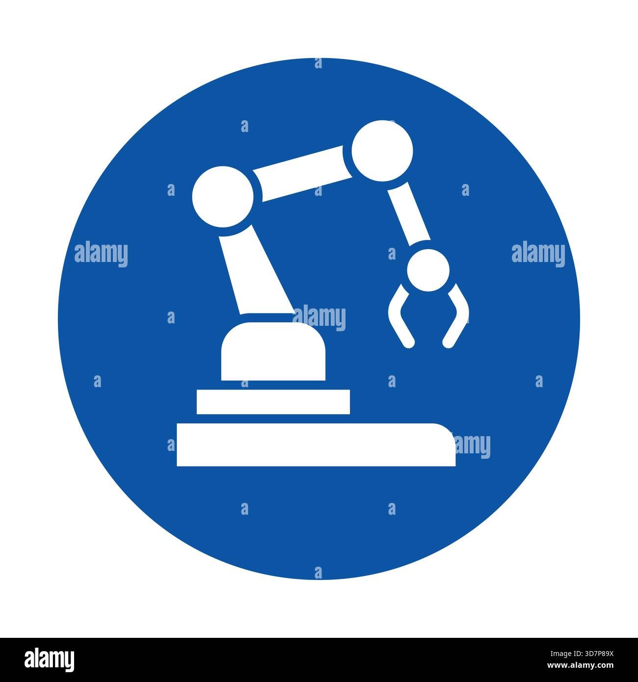 This image features a simple industrial robot arm icon set against a ...