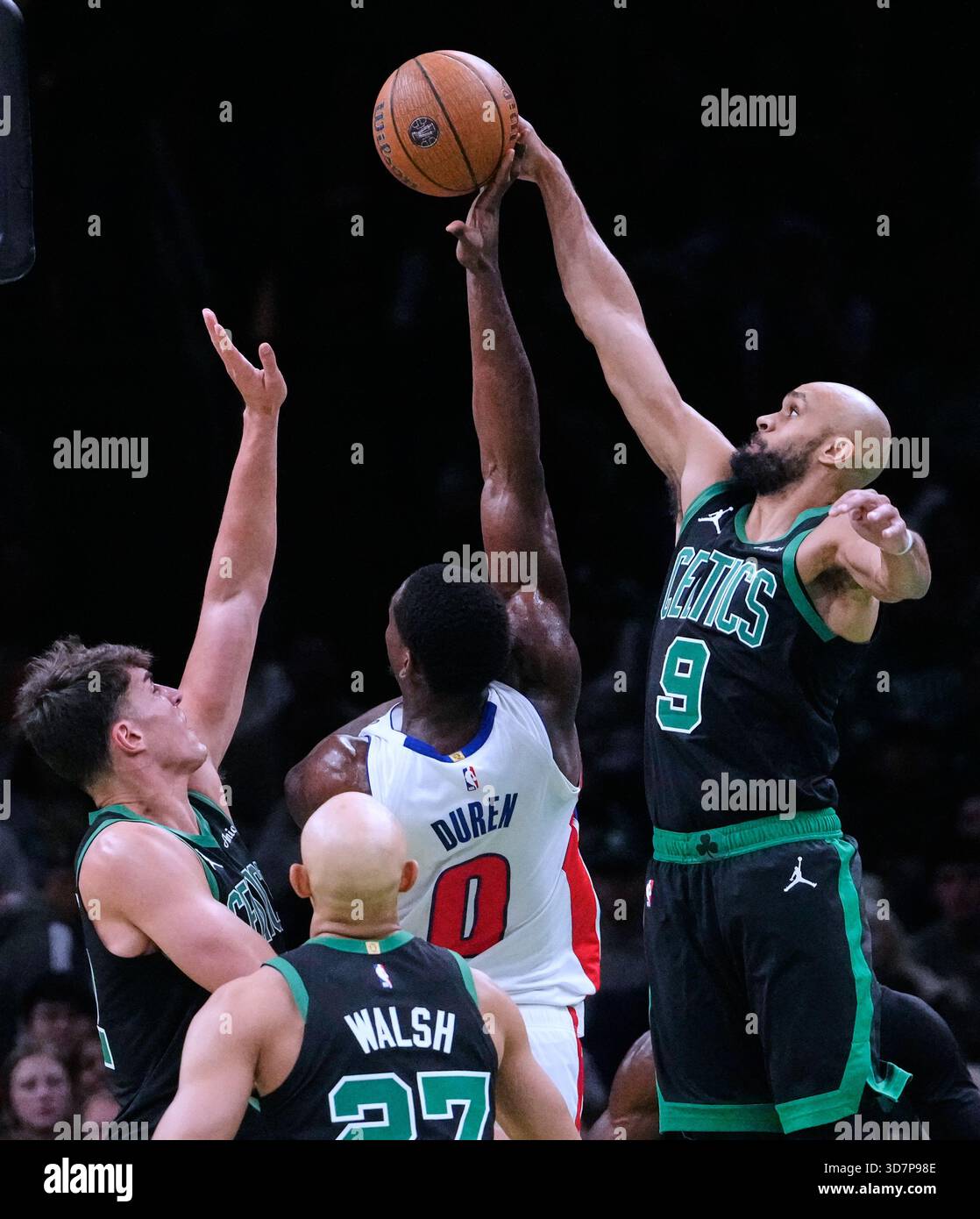 Boston Celtics guard Derrick White (9) blocks a shot by Detroit Pistons ...