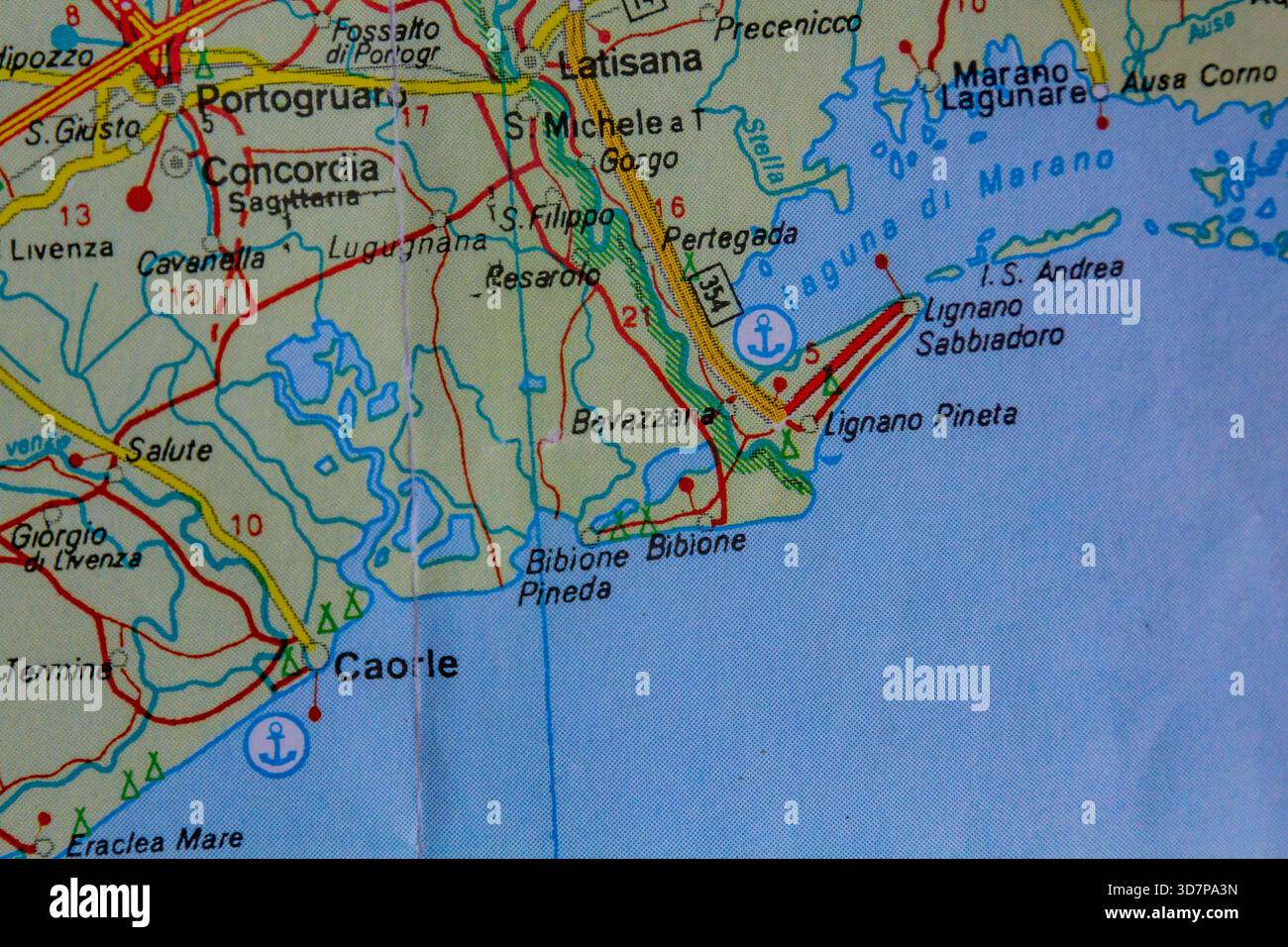 Caorle and Bibione, Italy, on a road map Stock Photo - Alamy