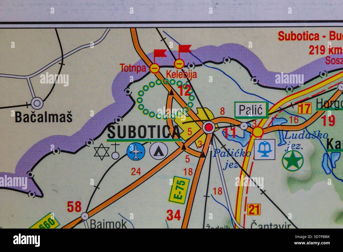 Subotica, Serbia, on a road map Stock Photo - Alamy