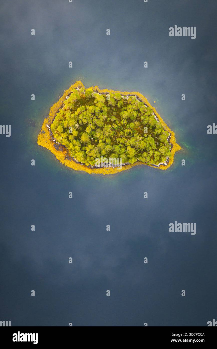 Aerial view of a vibrant island, where dense green foliage meets the ...