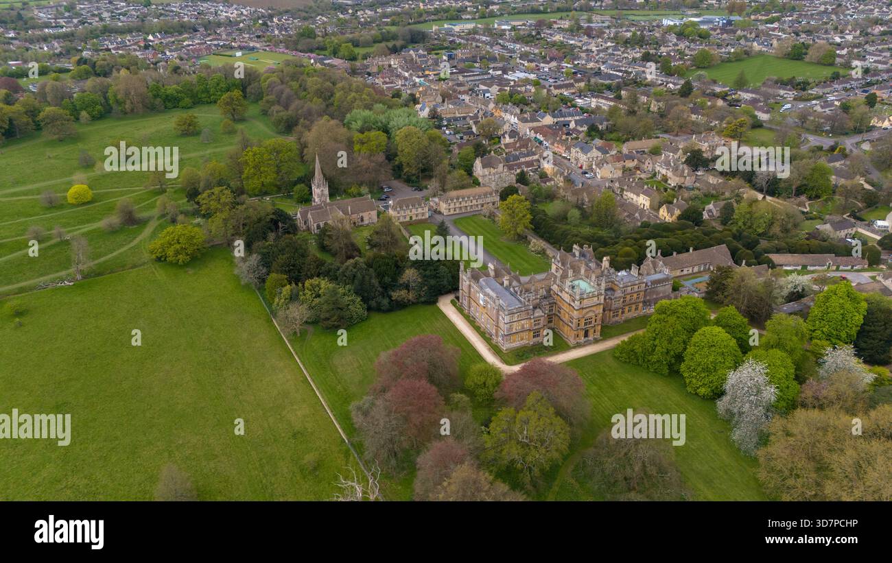 Aerial view of Corsham Court's grand architecture stands amidst verdant ...
