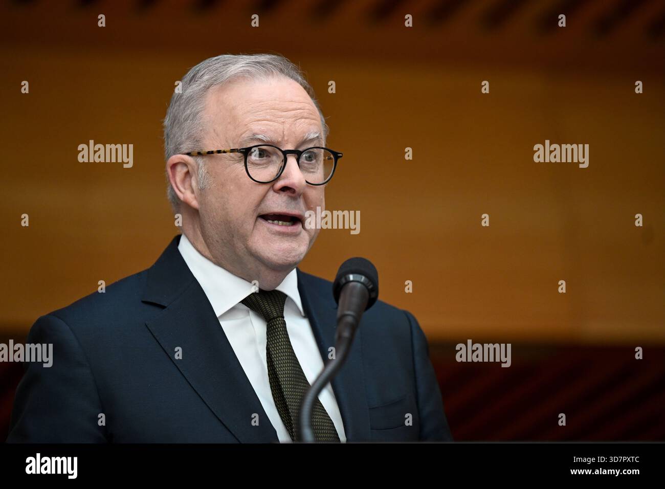 Australian Prime Minister Anthony Albanese speaks during the unveiling ...
