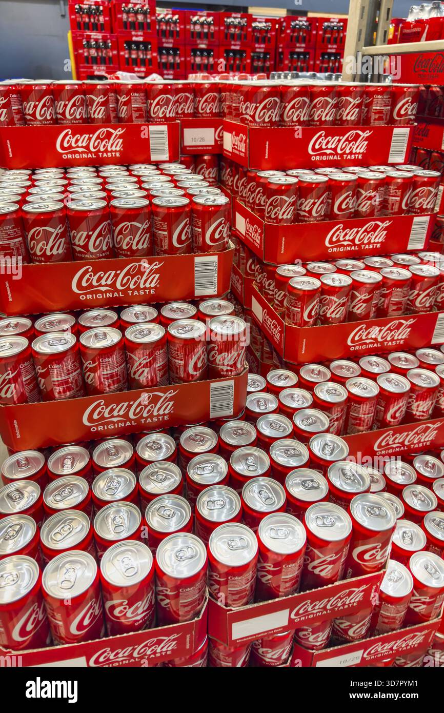 Pallet with cans drinking cans beverage cans of soft drink Coca-Cola ...