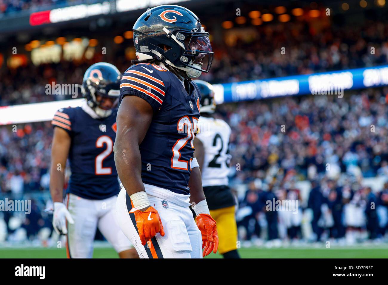 Chicago Bears running back Kyle Monangai (25) celebrates after scoring ...