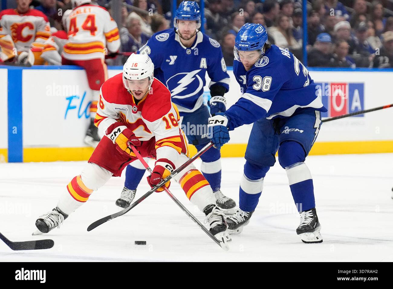 Calgary Flames center Morgan Frost (16) and Tampa Bay Lightning left ...