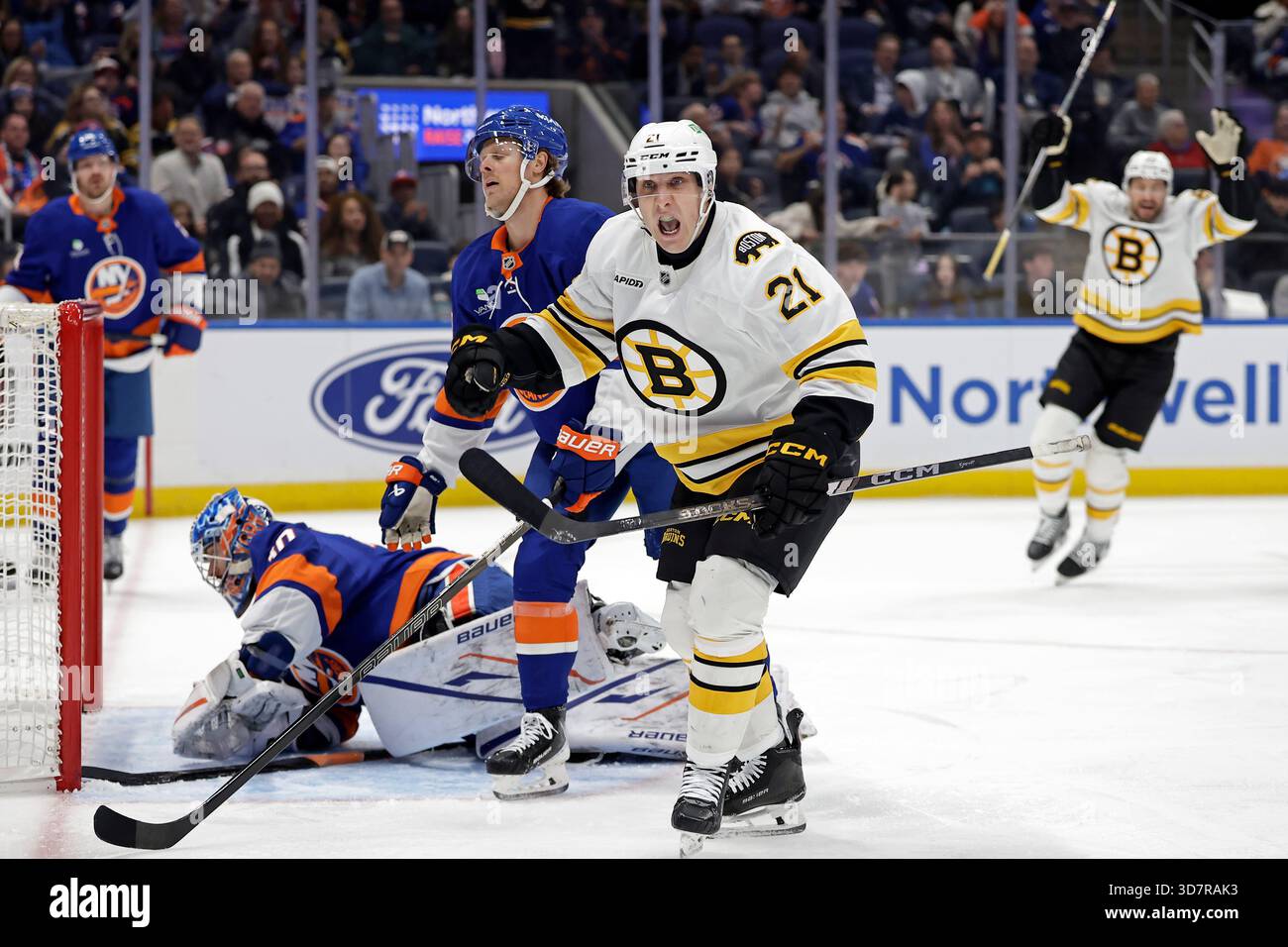 Boston Bruins center Alex Steeves (21) reacts after scoring a goal past ...