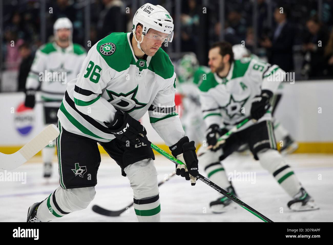 Dallas Stars right wing Mikko Rantanen (96) warms up before an NHL hockey game against the ...