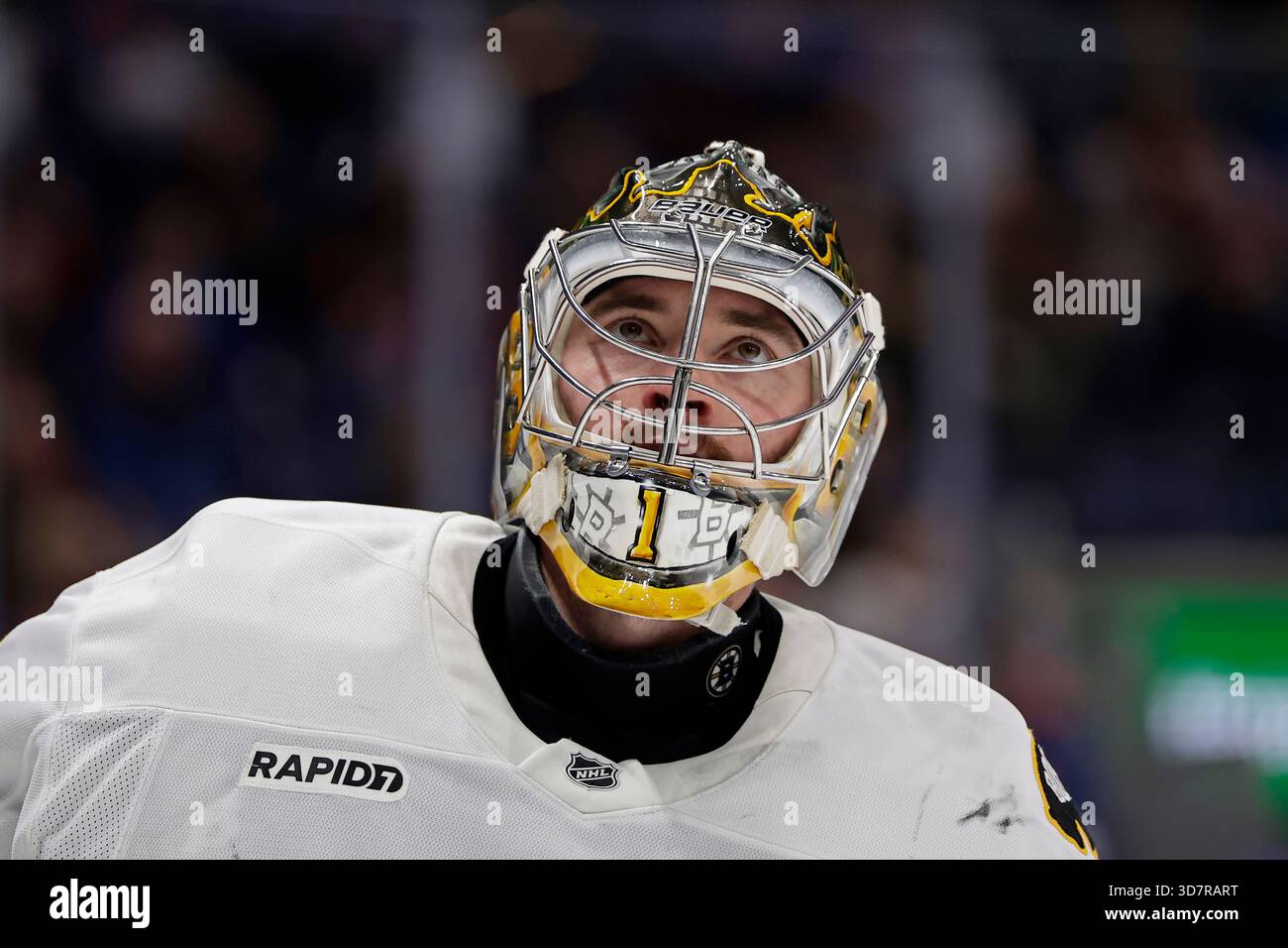 Boston Bruins goaltender Jeremy Swayman (1) reacts in the second period ...