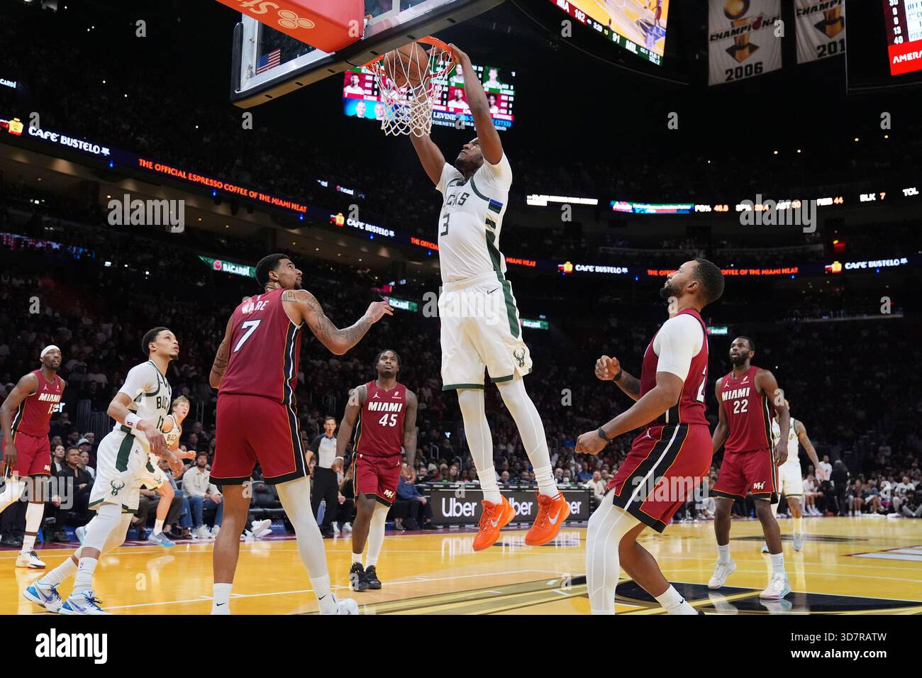 Milwaukee Bucks center Myles Turner (3) dunks against the Miami Heat ...