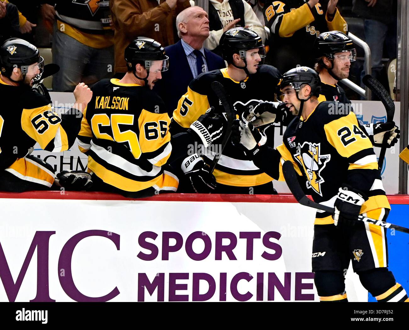 Pittsburgh Penguins defenseman Matt Dumba (24) celebrates his first ...