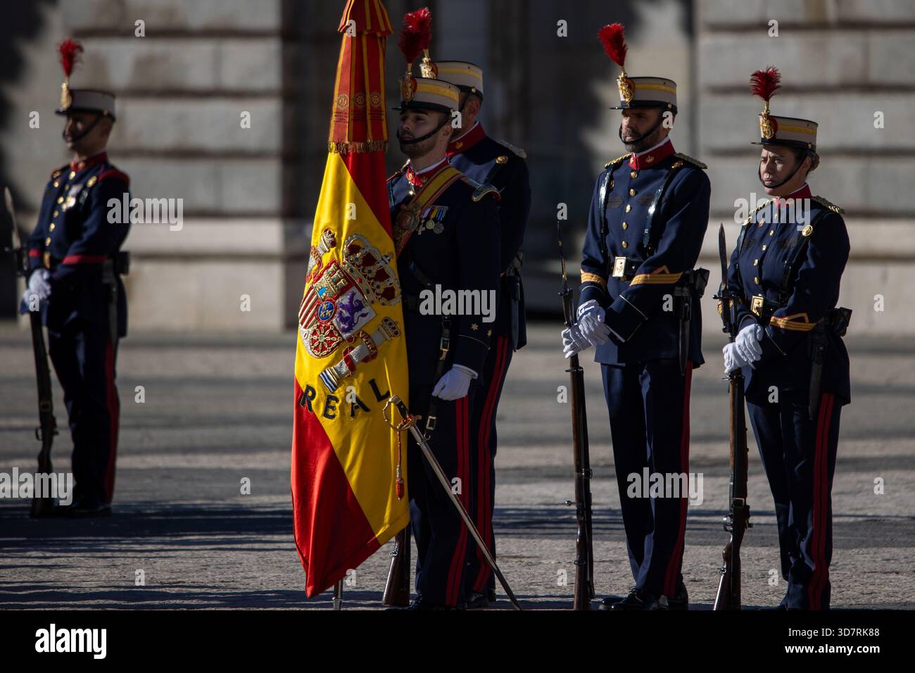 A group of royal guards form a line during the official reception at ...