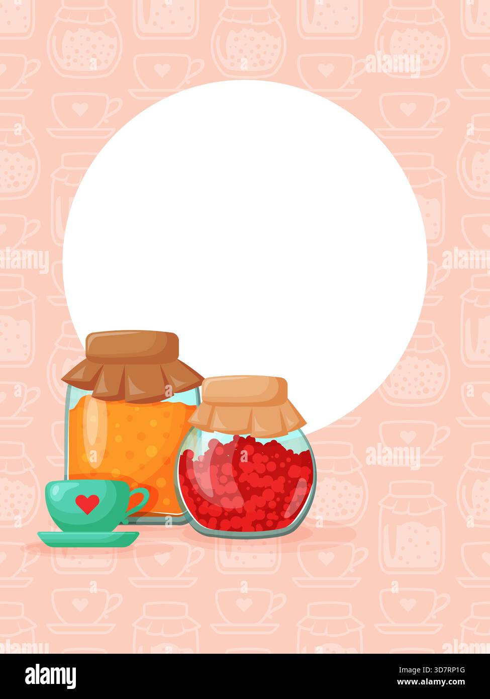 template with colorful jam jars and teacups, card with place for text ...