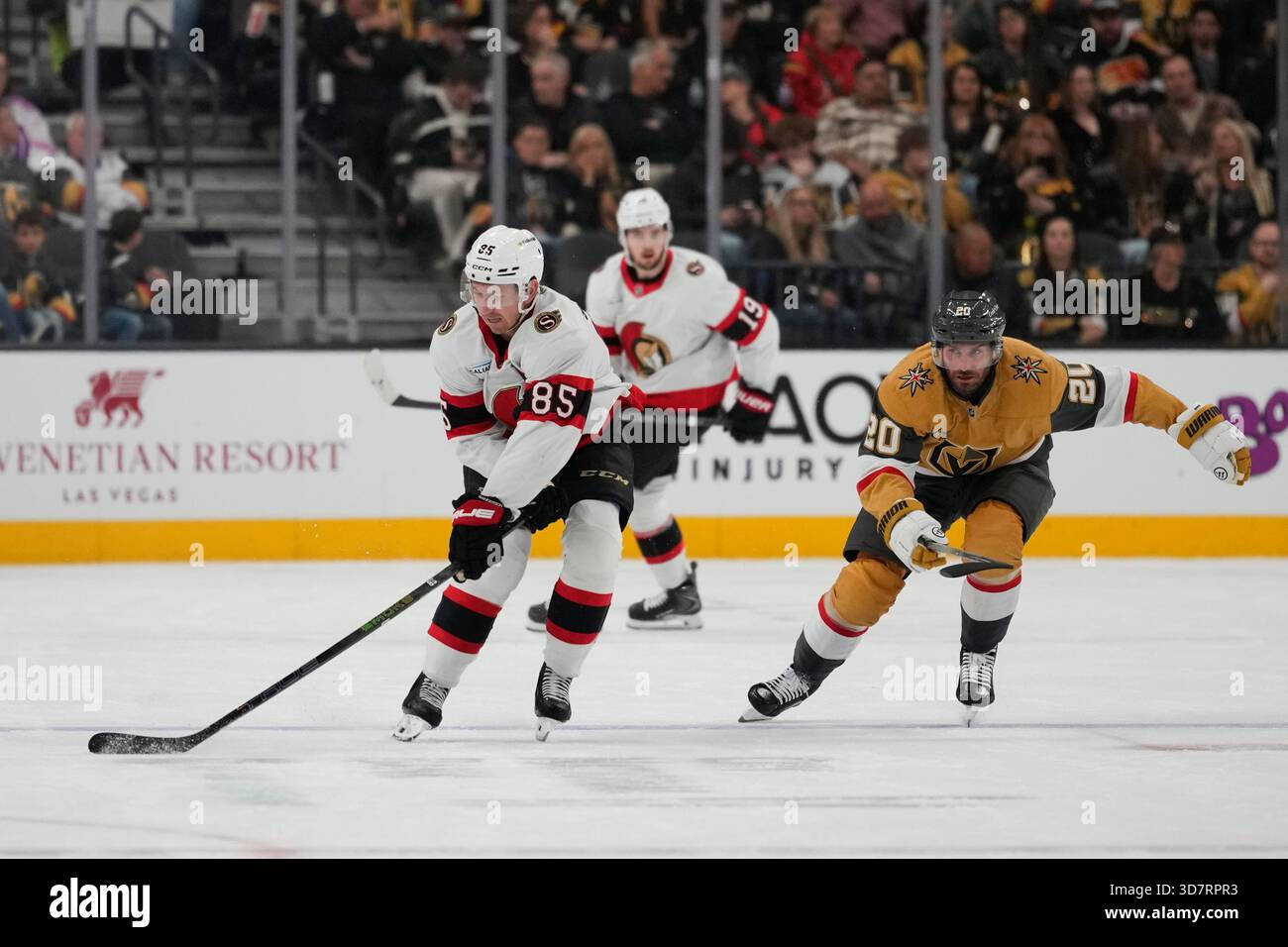Ottawa Senators defenseman Jake Sanderson (85) skates the puck against ...