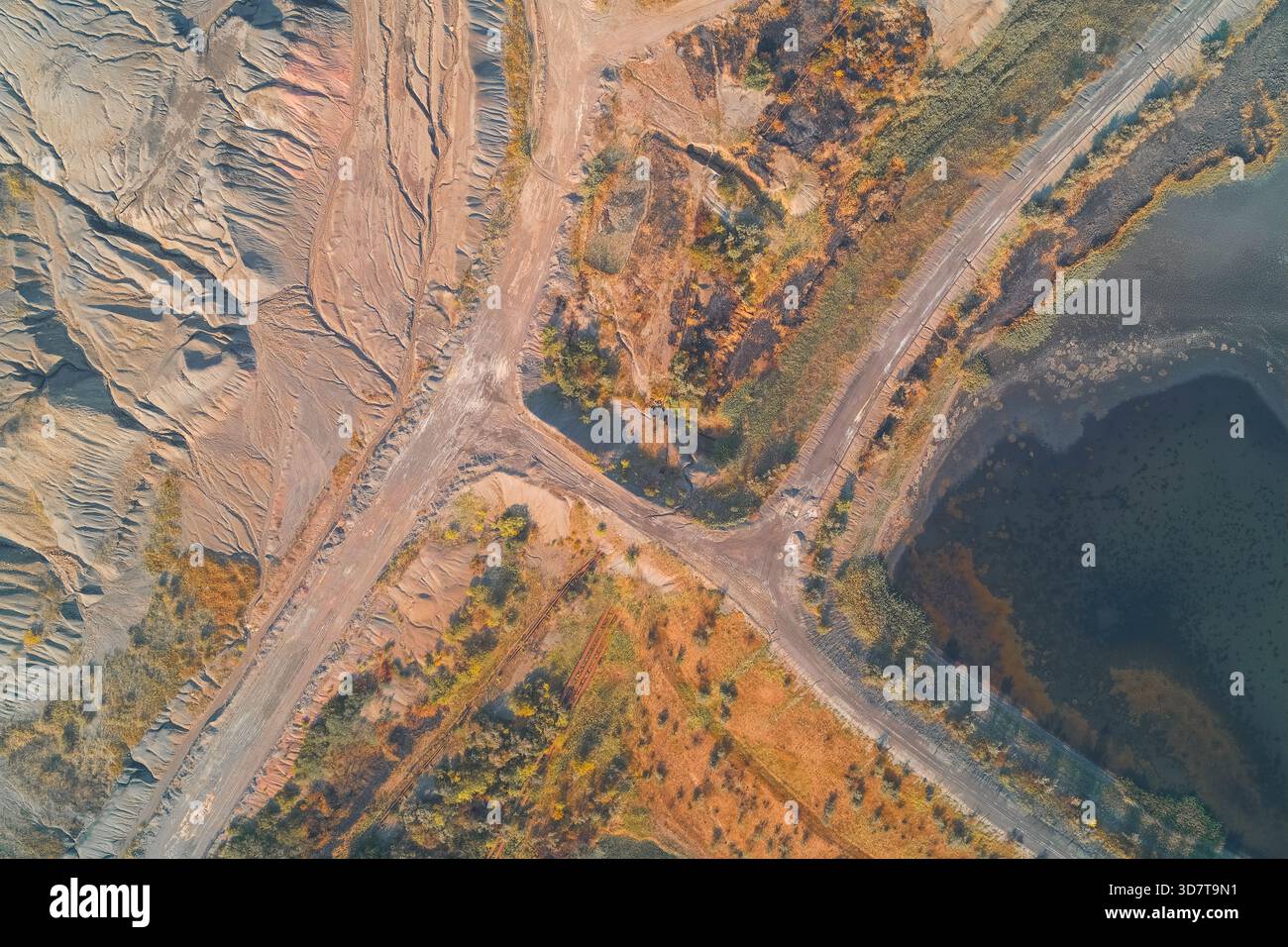 Aerial abstract composition of an industrial wasteland. Complex ...