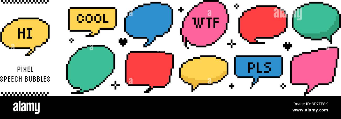 Pixel speech bubble set. 8-bit retro chat balloons and dialog boxes ...