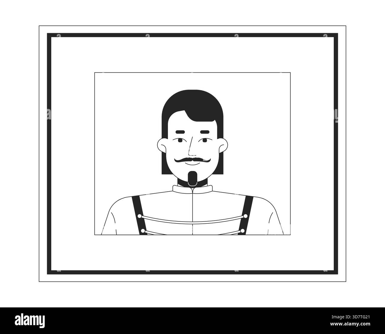 Historical man with moustache and goatee in framed portrait 2D line ...