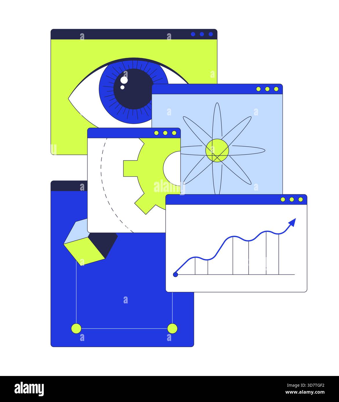 Data science in overlapping browser windows 2D illustration concept ...